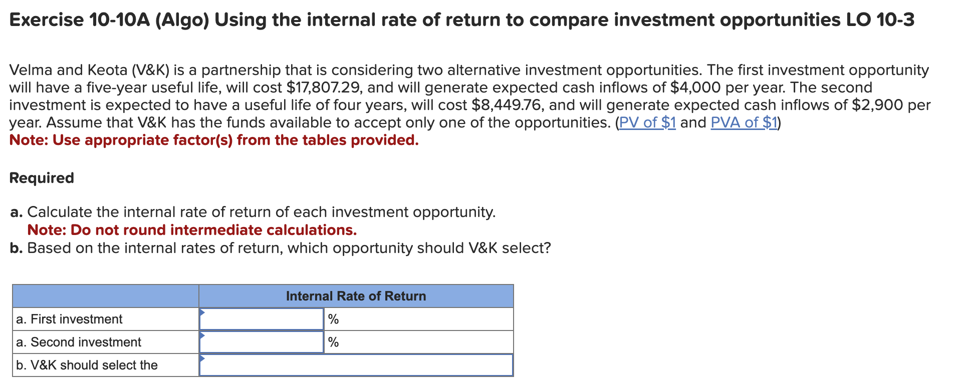 Solved Exercise 10-10A (Algo) Using the internal rate of | Chegg.com
