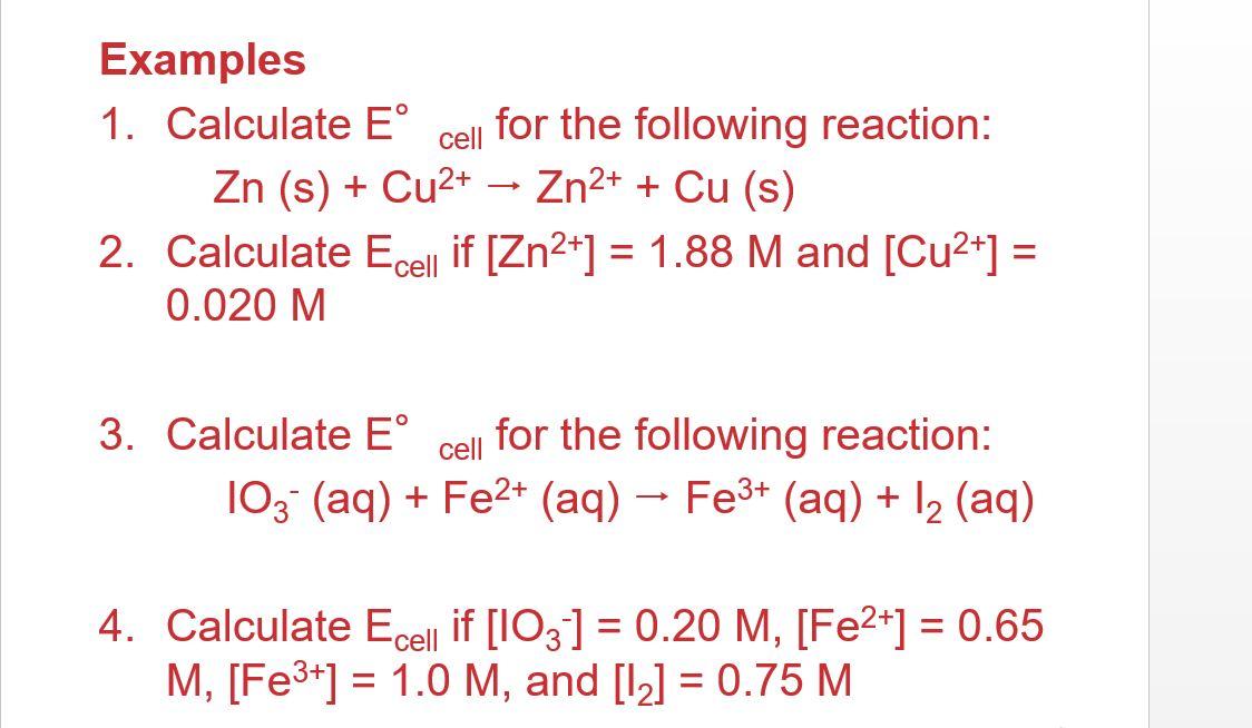 Solved cell Examples 1. Calculate E° for the following | Chegg.com
