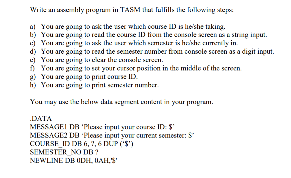 Write an assembly program in TASM that fulfills the | Chegg.com
