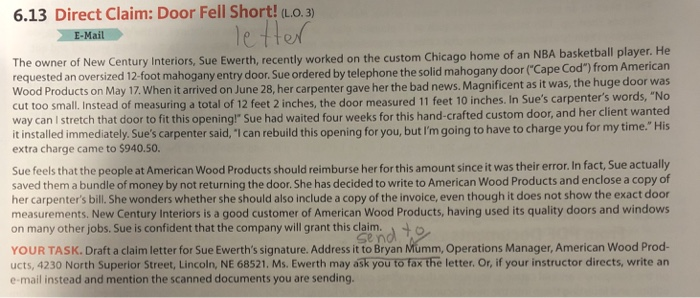Solved 6.13 Direct Claim: Door Fell Short! L.o.3) letter BA | Chegg.com