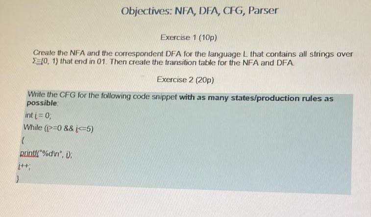 Solved Objectives: NFA, DFA, CFG, Parser Exercise 1 (10p) | Chegg.com