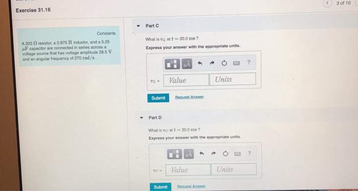 Solved 3 of 10 Exercise 31.16 Part C Constants what is VL | Chegg.com