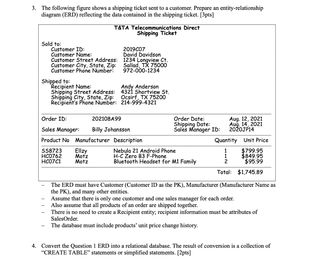 Solved 3. The following figure shows a shipping ticket sent | Chegg.com