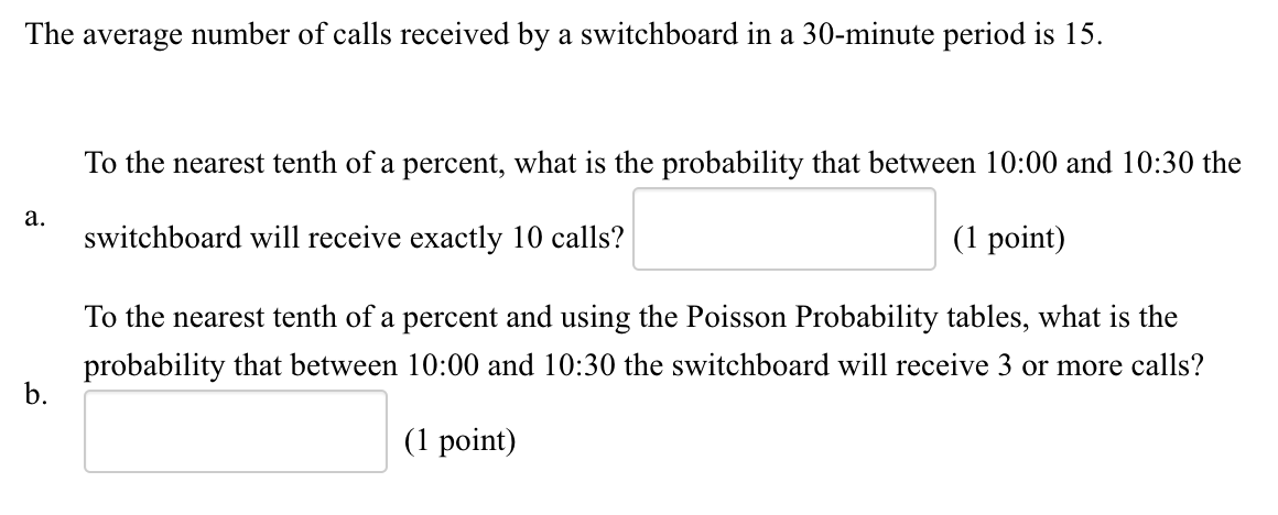 Solved The average number of calls received by a switchboard | Chegg.com