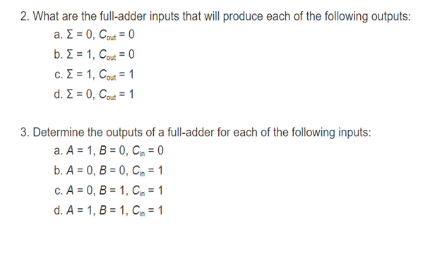 Solved 2. What are the full-adder inputs that will produce | Chegg.com