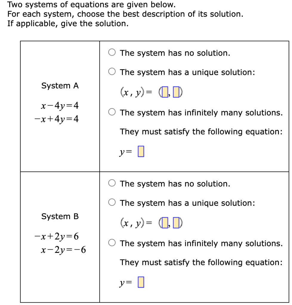 Solved Two systems of equations are given below. For each | Chegg.com