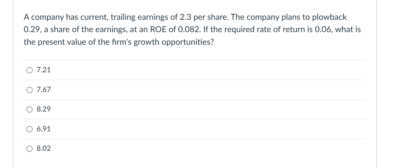 Solved A company has current, trailing earnings of 2.3 per | Chegg.com