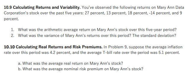 Solved 109 Calculating Returns And Variability Youve 
