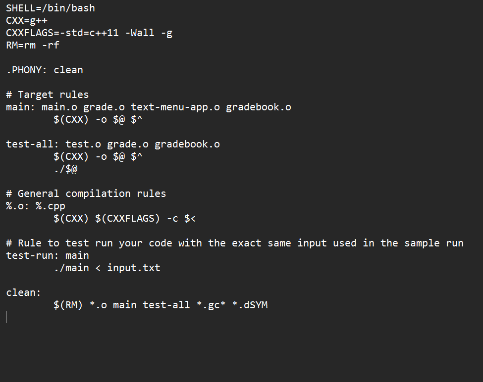 Solved SHELL=/bin/bash CXX=g++ CXXFLAGS=-std=c++11 -Wall -g | Chegg.com