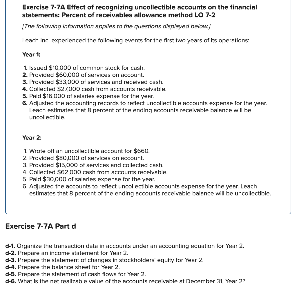Solved Exercise 7-7A Effect of recognizing uncollectible | Chegg.com