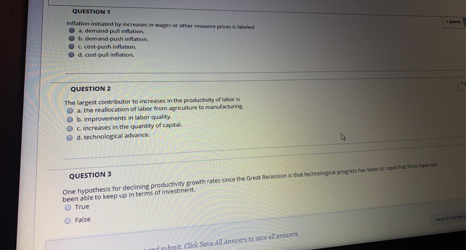 Solved QUESTION 1 1 points Inflation initiated by increases | Chegg.com