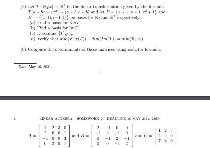 Solved (5) Let T : R2 [1] RP be the linear transformation | Chegg.com