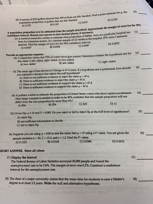 Solved for p, the 10) are left-handed. Find a point estimate | Chegg.com