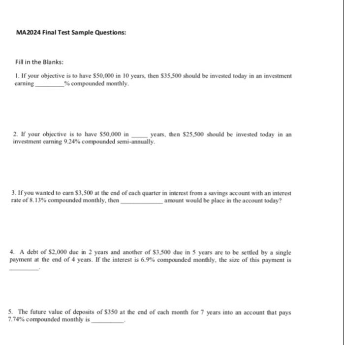 Solved MA2024 Final Test Sample Questions: Fill in the | Chegg.com
