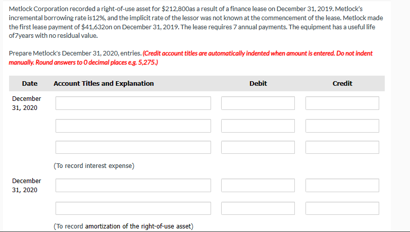Solved Metlock Corporation recorded a right-of-use asset for | Chegg.com