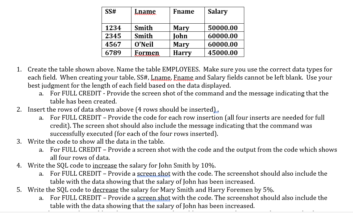 1. Create the table shown above. Name the table | Chegg.com