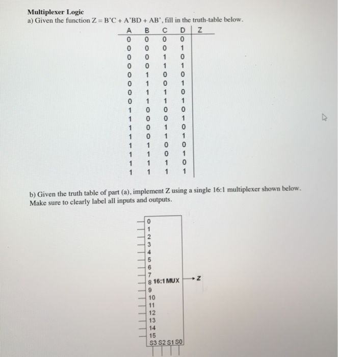 Solved Multiplexer Logic a) Given the function Z BC A BD + | Chegg.com