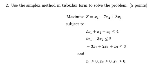 Solved 2. Use the simplex method in tabular form to solve | Chegg.com