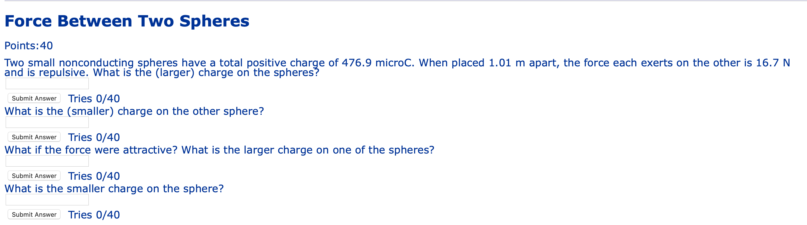 Solved Force Between Two Spheres Points: 40 Two small | Chegg.com
