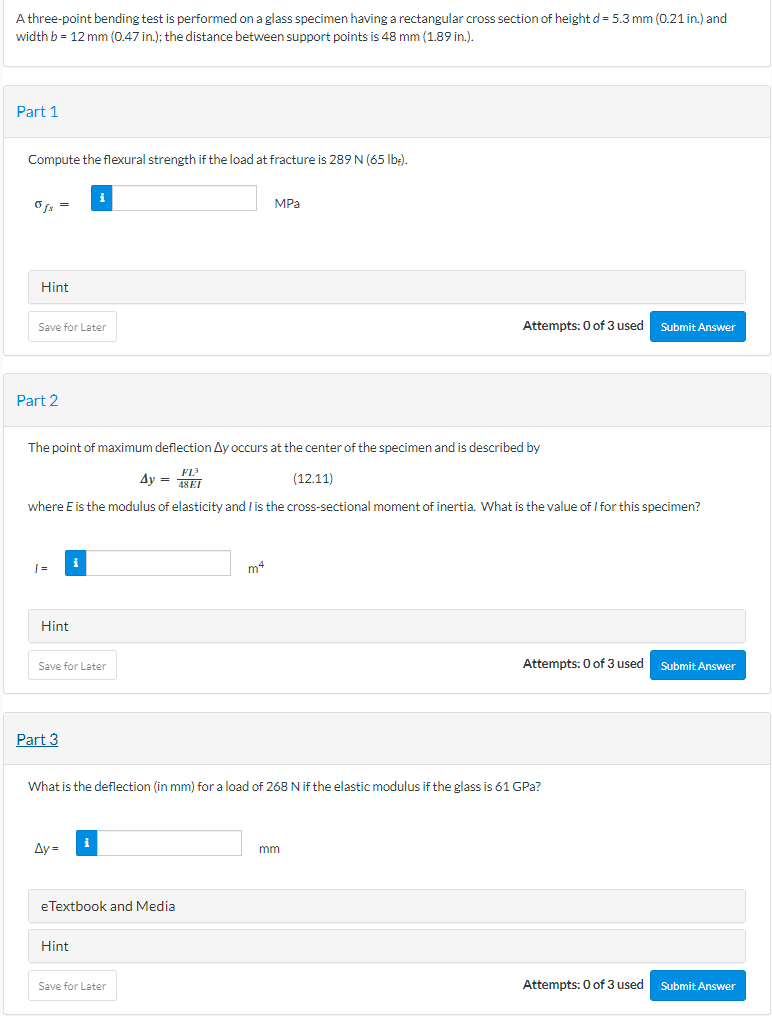 Solved A three-point bending test is performed on a glass | Chegg.com