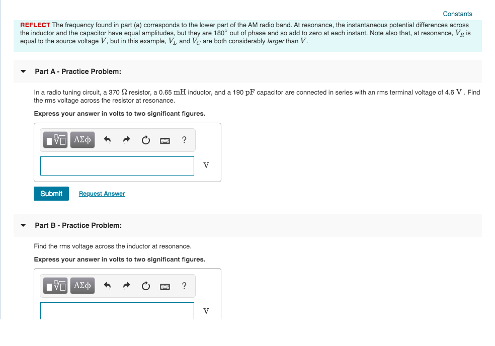 Solved Constants The resonant response of the series R-L-C | Chegg.com