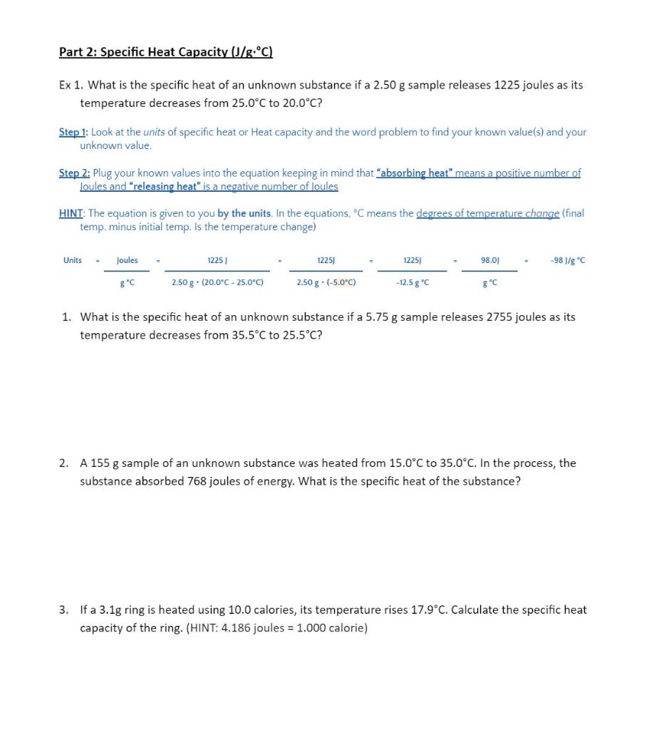 Solved Part 2: Specific Heat Capacity (J/g⋅∘C) Ex 1. What is | Chegg.com