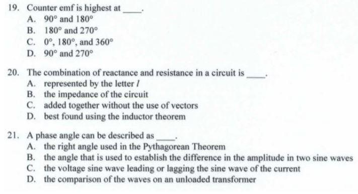 Solved 19. Counter emf is highest at A. 90° and 180° B. 180° | Chegg.com