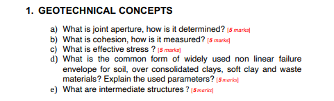Solved 1. GEOTECHNICAL CONCEPTS a) What is joint aperture, | Chegg.com