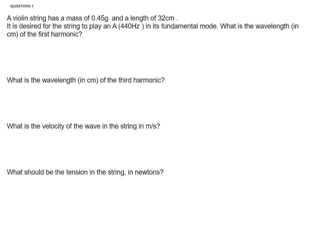 Solved QUESTION 1 A violin string has a mass of 0.45 g and a | Chegg.com