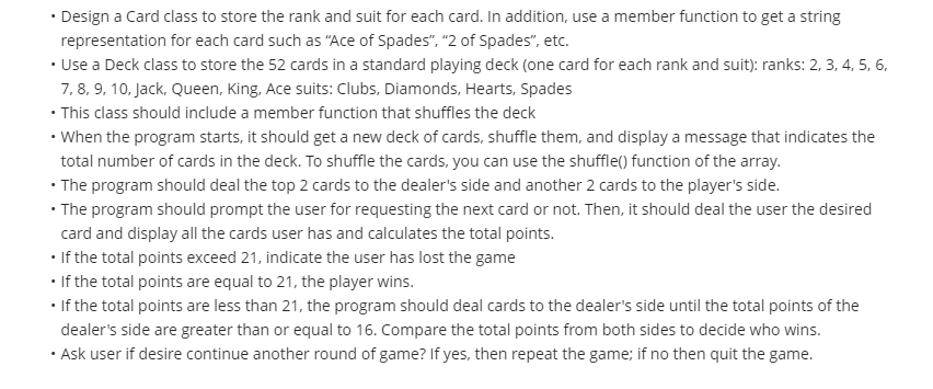 Solved Blackjack Card Game Create an object-oriented program | Chegg.com