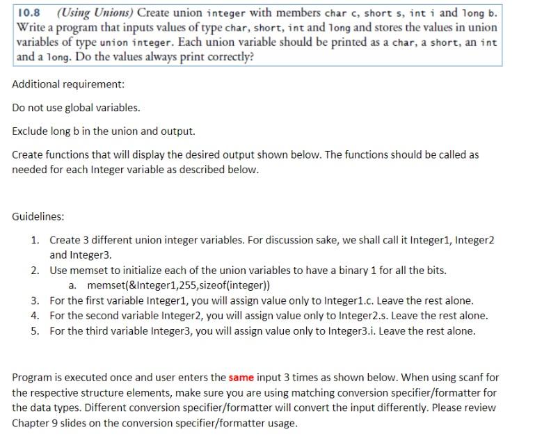 Solved 10.8 (Using Unions) Create union integer with members | Chegg.com
