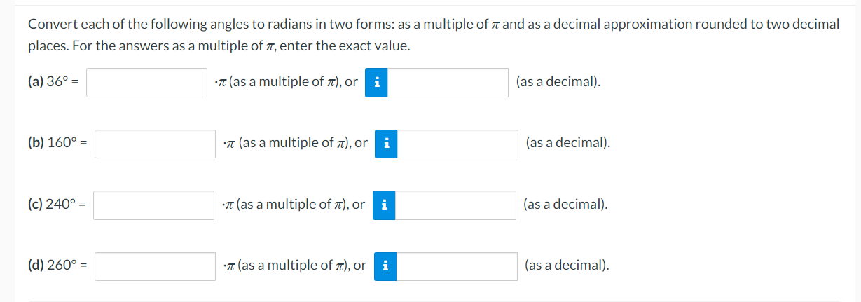 Solved Convert each of the following angles to radians in | Chegg.com