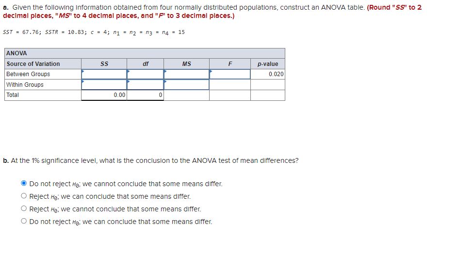 Solved a. Given the following information obtained from four | Chegg.com