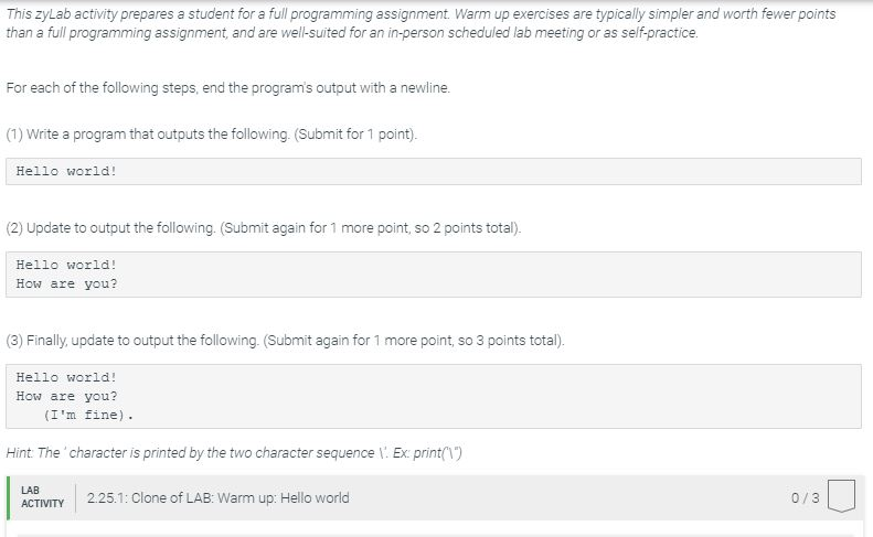 Solved This zyLab activity prepares a student for a full | Chegg.com