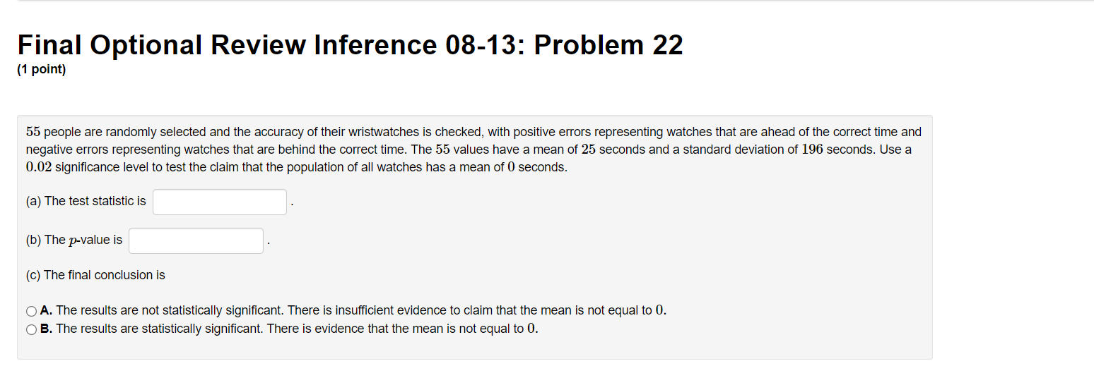 Solved Final Optional Review Inference 08-13: Problem 22 (1 | Chegg.com
