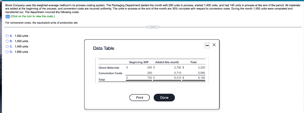 Solved Block Company uses the weighted average method in its | Chegg.com