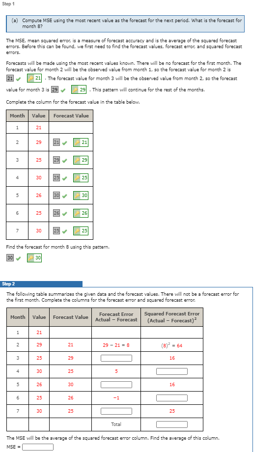 Solved Step 1 (a) Compute MSE using the most recent value as | Chegg.com