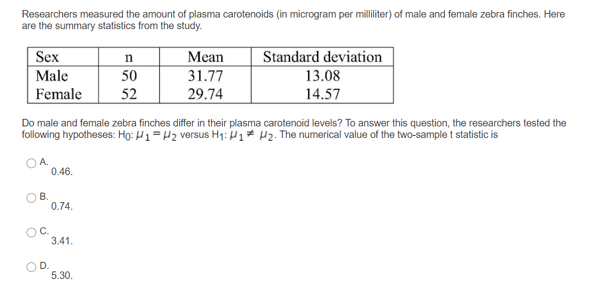 Solved Researchers measured the amount of plasma carotenoids | Chegg.com