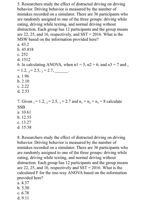 Solved 5. Researchers study the effect of distracted driving | Chegg.com