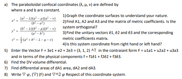 2. y2 a) The paraboloidal confocal coordinates (1, u, | Chegg.com