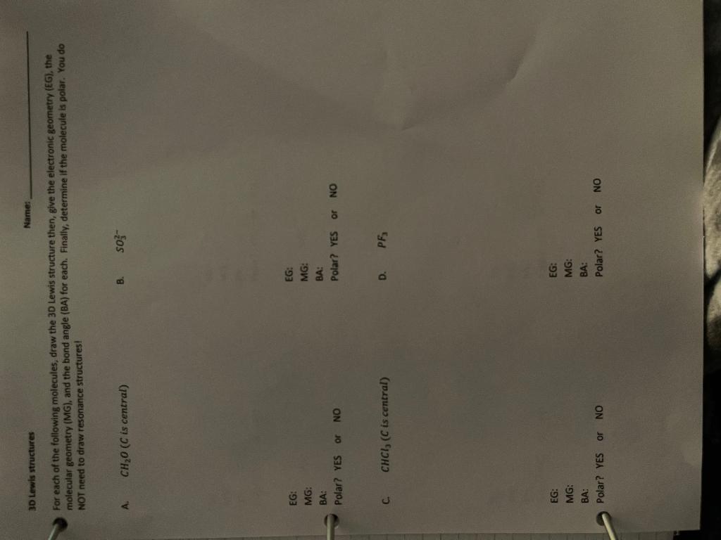Solved For each of the following molecules, draw the 3D | Chegg.com