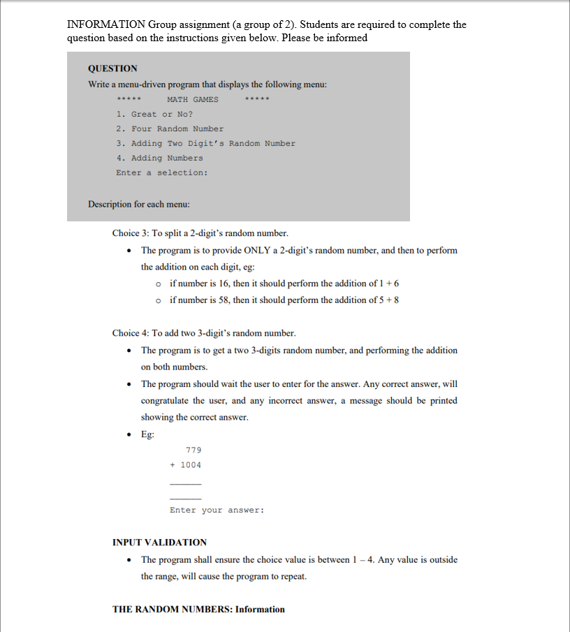 Solved INFORMATION Group assignment (a group of 2). Students | Chegg.com