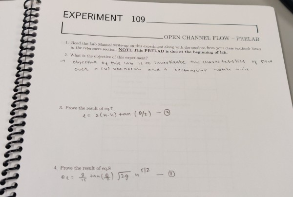 Solved EXPERIMENT 109 LOPEN CHANNEL FLOW - PRELAB 1. Read | Chegg.com