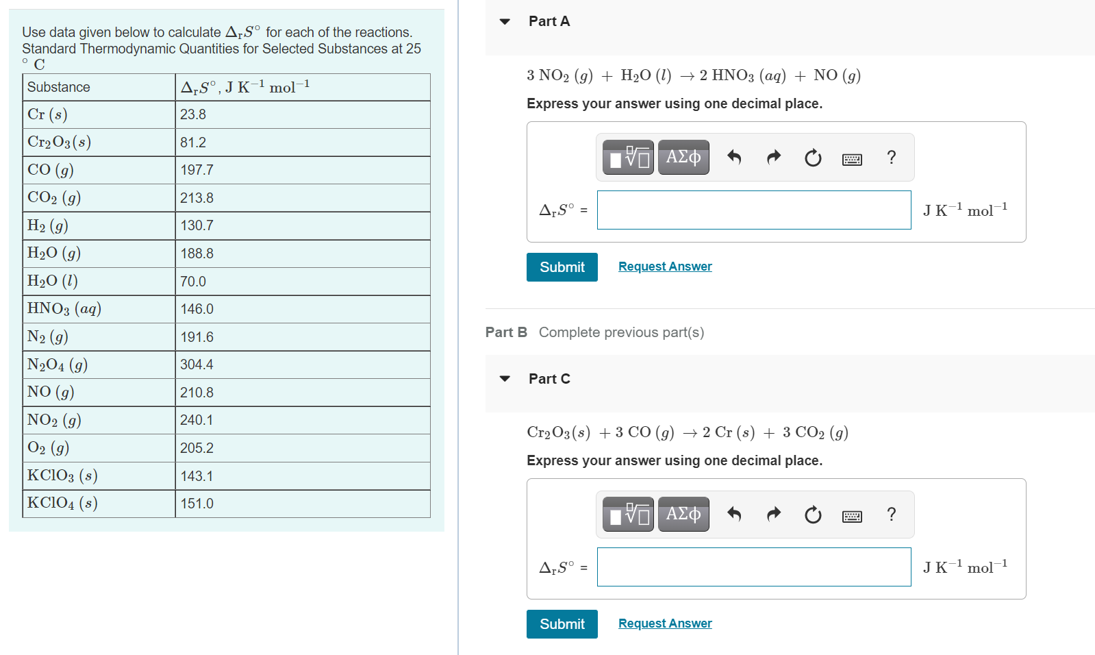 Solved Use data given below to calculate ArSº for each of | Chegg.com