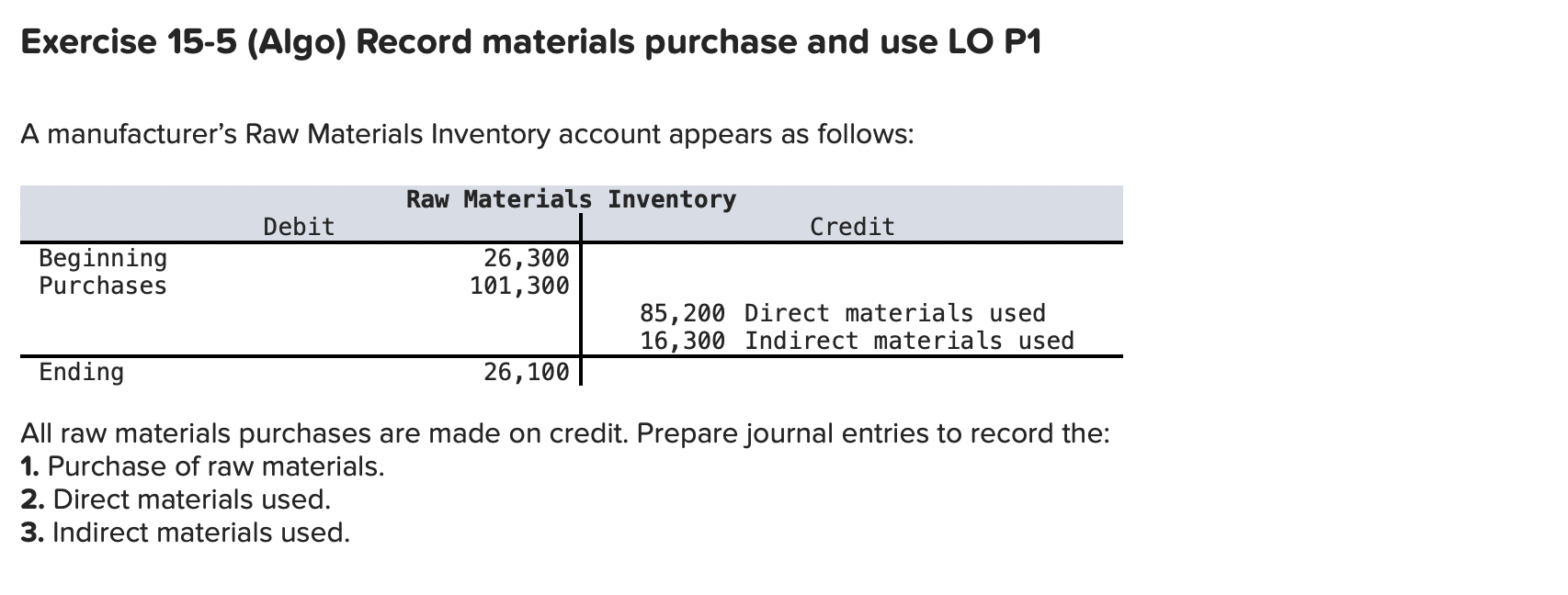Solved Exercise 15−5 (Algo) Record materials purchase and | Chegg.com