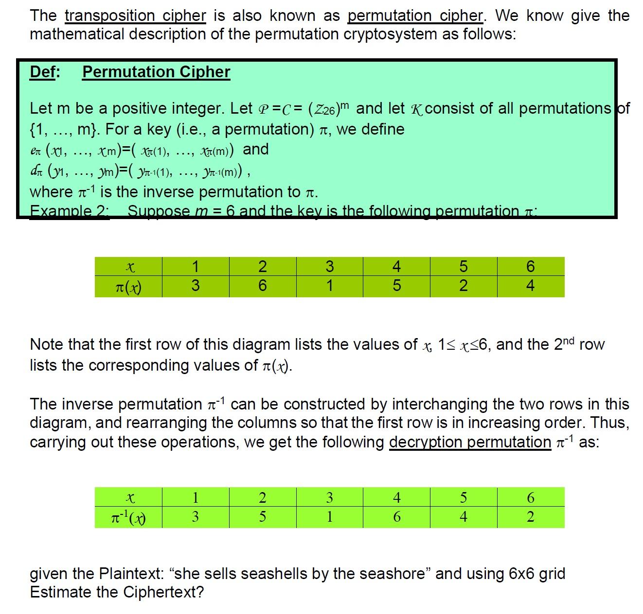 Solved The transposition cipher is also known as permutation | Chegg.com