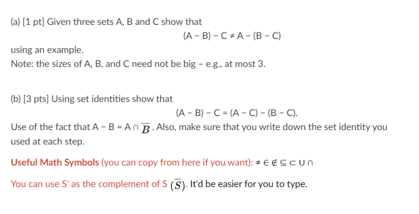 Solved (a) [1 pt] Given three sets A, B and C show that (A - | Chegg.com