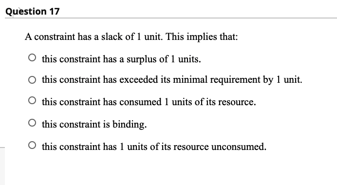 Solved Question 17 A constraint has a slack of 1 unit. This | Chegg.com