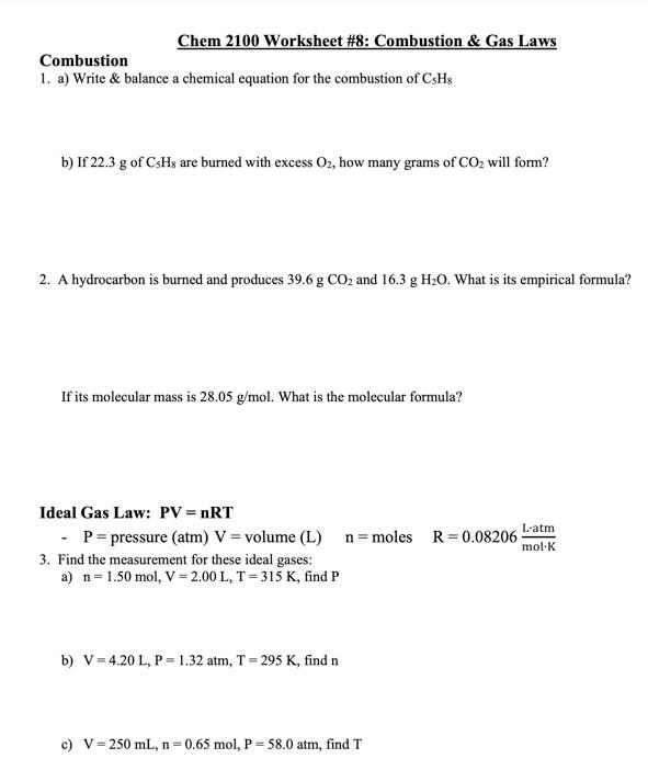 Solved Chem 2100 Worksheet #8: Combustion & Gas Laws | Chegg.com
