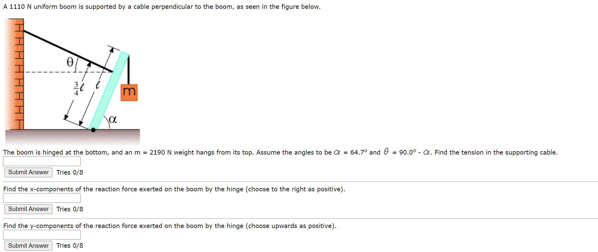 Solved A 1110 N uniform boom is supported by a cable | Chegg.com